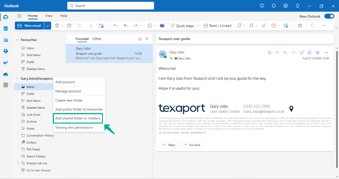 How to add a shared mailbox in Outlook | Texaport