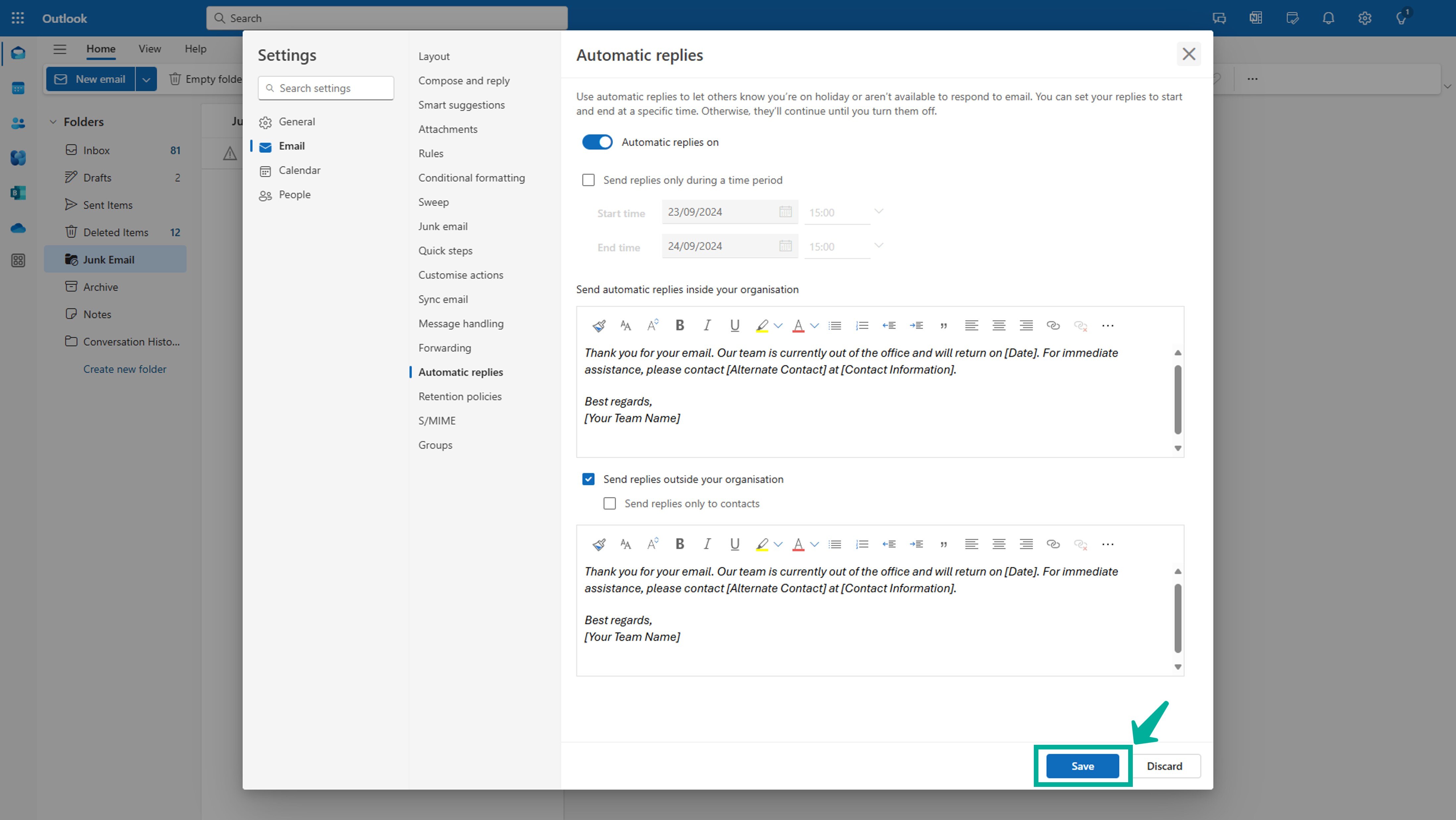 How to add an out-of-office message to a shared mailbox | Texaport